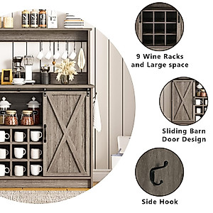 4ever2buy Farmhouse Coffee Bar Cabinet with Sliding Barn Doors, 50 Inch Coffee Bar Hutch with 6 Hooks, Gray Coffee Bar with 9 Mug Rack, Hutch Cabinet with Storage for Living Room