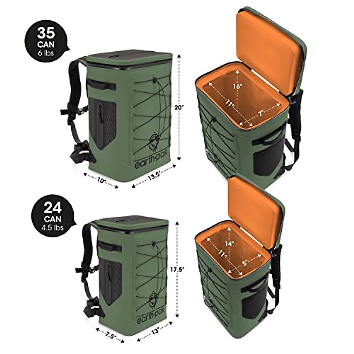 Insulated Backpack Cooler Holds 24 or 35 Cans for 72 Hours - Perfect Lunch or Drink Bag for Camping, Hiking, Beach, Kayaking, Sports or Fishing - 100% Waterproof Heavy Duty Construction by Earth Pak