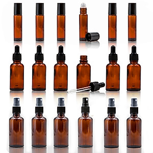 Youngever 18 Amber Glass Essential Oil Bottles Bundle, 6 Dropper Bottles (1 Ounce), 6 Spray Bottles (2 Ounce), 6 Stainless Steel Roller Bottles for Essential Oil (10 ml)