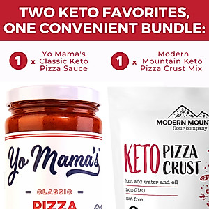 Yo Mama's Keto Pizza Sauce & Keto Pizza Crust Bundle - Just 2g Net Carbs Per Serving - The Easy Keto Pizza Night Kit - Incredible Pizza Taste and Texture - Low Carb - Zero Added Sugar - Non-GMO Sourced (One 12.5 oz. Jar Yo Mama's Pizza Sauce, One Pouch Mo