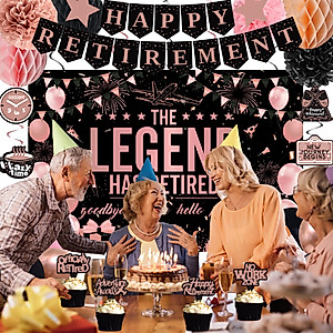 Retirement Party Decorations Women, Rose Gold Black Happy Retirement Decorations Female, Happy Retirement Banner, Retired Backdrop, Balloons, Pompom, Hanging Swirl, Retirement Card, Cake Topper 54pcs