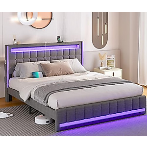 Dnxao Queen LED Bed Frame with USB Charging Station, Upholstered Platform Queen Size Bed Frame with LED Lights Headboard Footboard, Heavy Duty Metal Slats, No Box Spring Needed, Dark Grey
