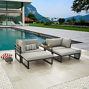 LOKATSE HOME Patio Furniture Conversation Metal Sofa Sunroom Indoor Chaise Lounge Cushioned Chairs with Ottoman Table, 5 Piece Set, Grey