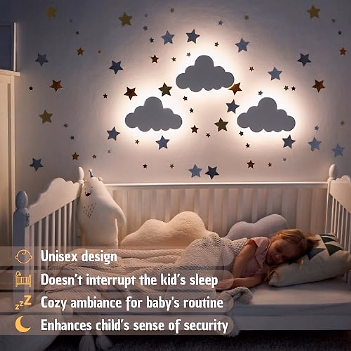 KALEOLI Nursery Cloud Light (Pack of 1) - 68 Star Wall Decals - Rechargeable (no Cord) - Baby Room Decor - Cloud Lights for Bedroom - Floating Cloud Lamp for Bedroom - Adjustable Dimmer - Timer