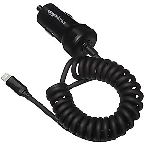 Amazon Basics 12W (5V, 2.4A) Car Charger with Lightning Cable (Straight) for iPhone and Apple Devices, 3 ft, Black/Red