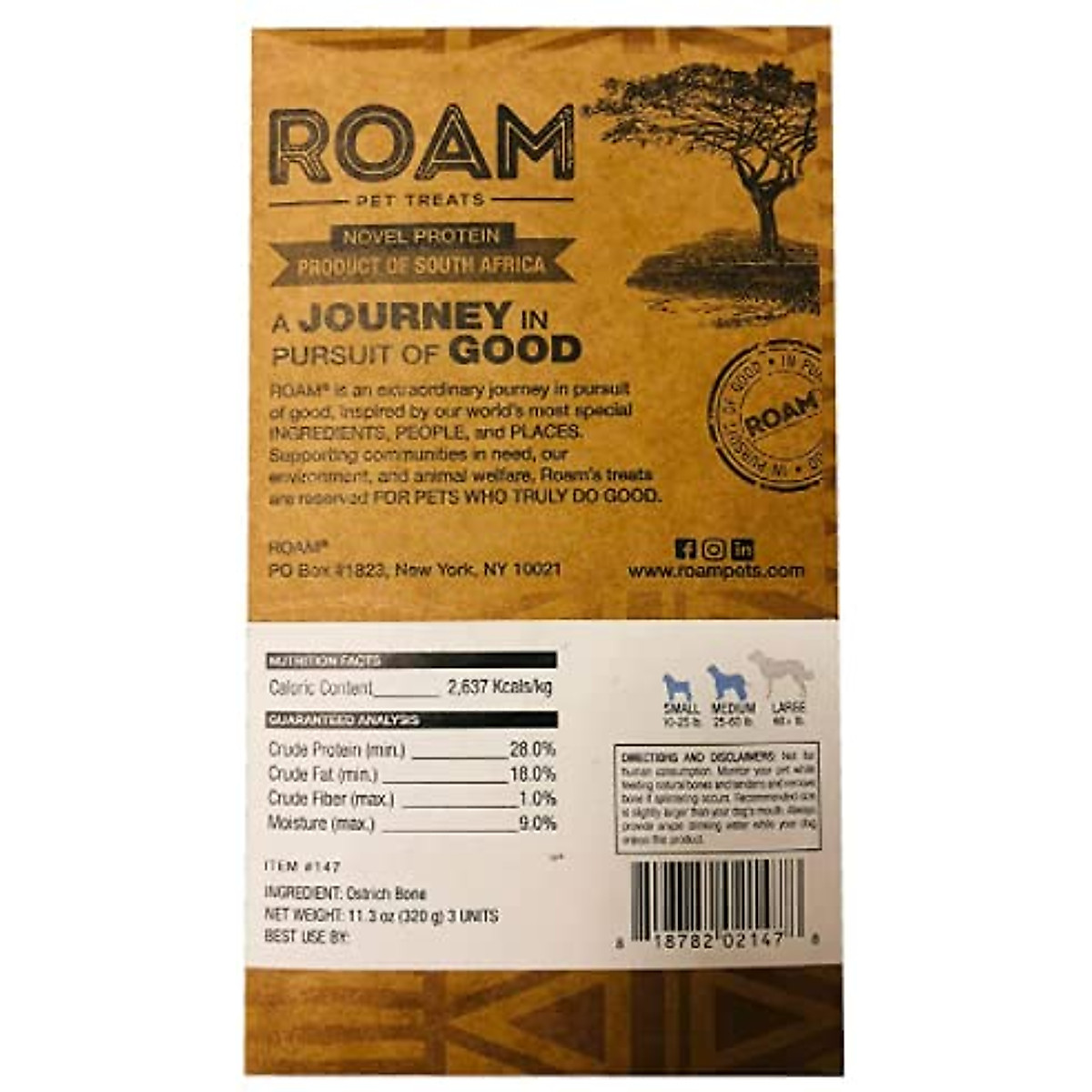 ROAM Pet Treats 4 Pack of Gone Wild Bones, Small, Cape Ostrich