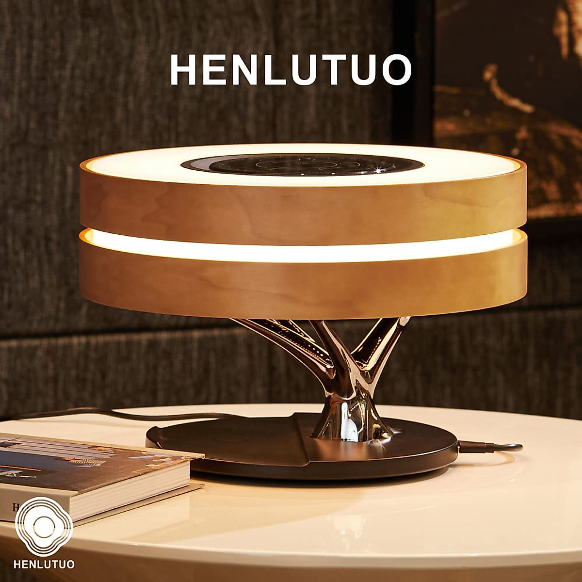 HENLUTUO Maple Log Table lamp with 10W Wireless Charge 2 * 5W Bluetooth Speaker bass LED Light Shade Sleep Mode Smart Touch Slide & Step-Less Dimming Original 3 in 1 Smart Lamp
