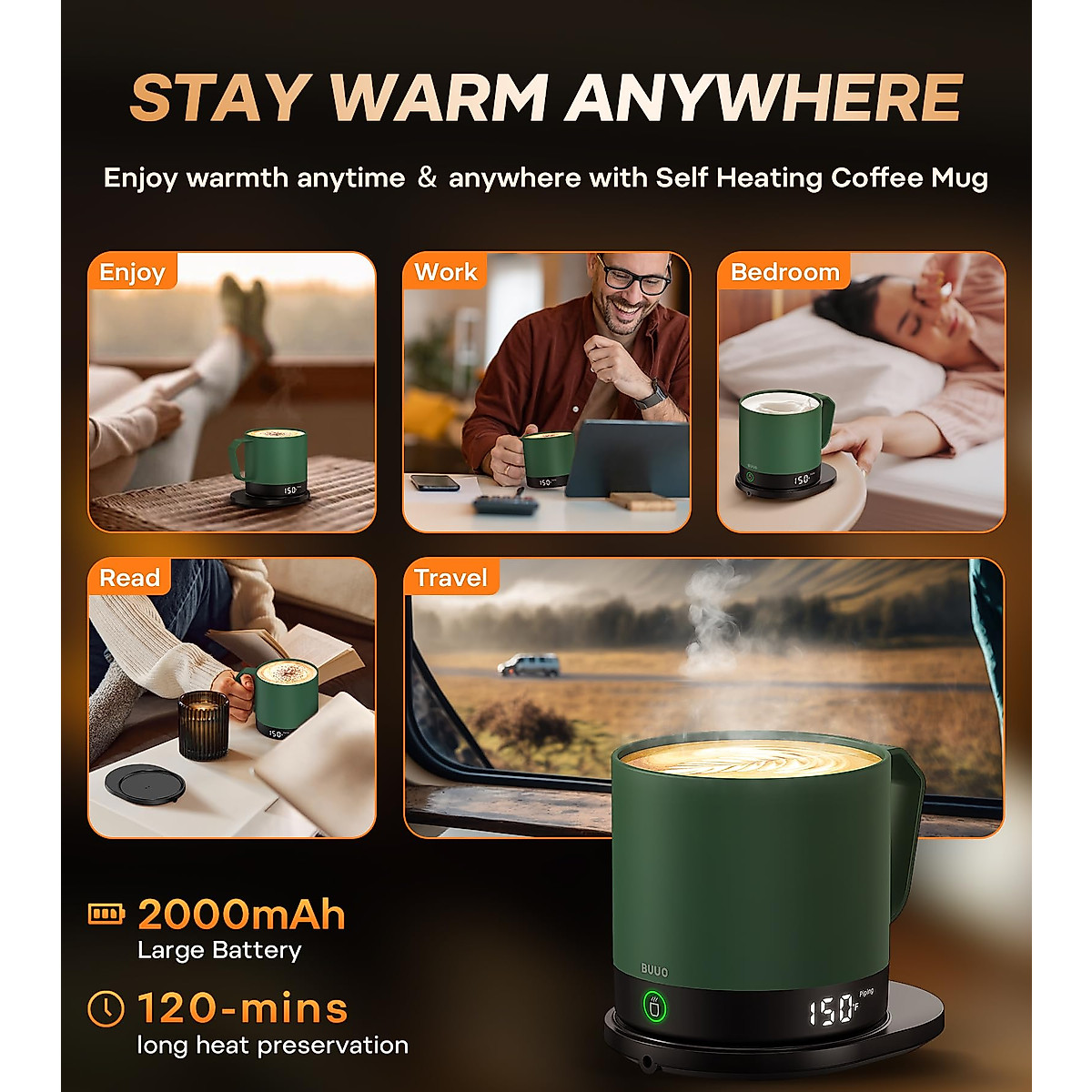 buuo Self Heating Coffee Mug, 14 Oz Temperature Control Smart Mug, double sided & Real-Time LED display, Fast Heating, mug warmer with 120 Min Battery Life, Birthday Gifts for Women and Men(Green)