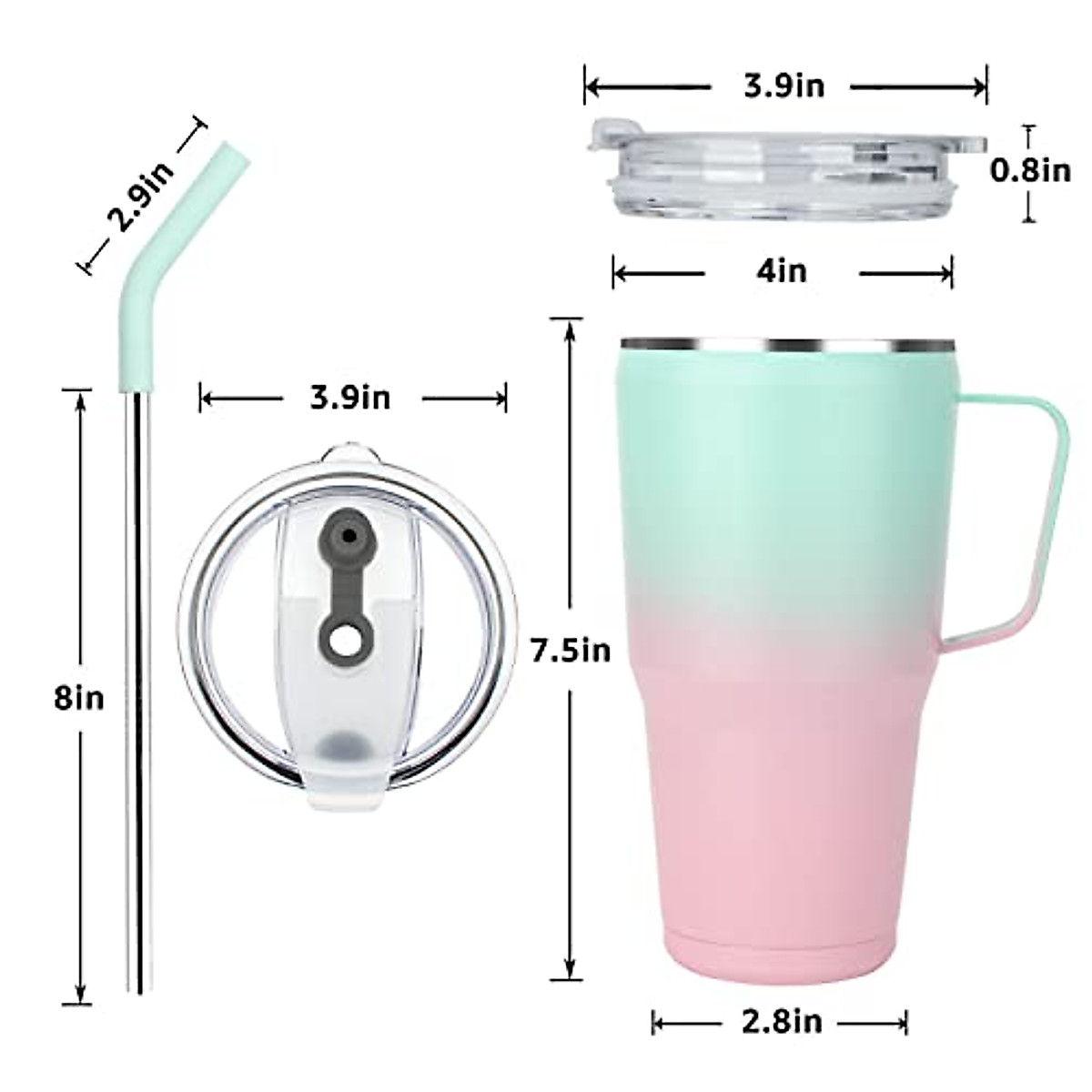 Sursip 30oz Mug Tumbler-Stainless Steel Vacuum Insulated Mug with Handle,Lid and Straw,Fit for Car Holder,Keeps Drinks Cold up to 24 Hours,Sweat Proof and Leak Proof,Dishwasher Safee-Green&Pink