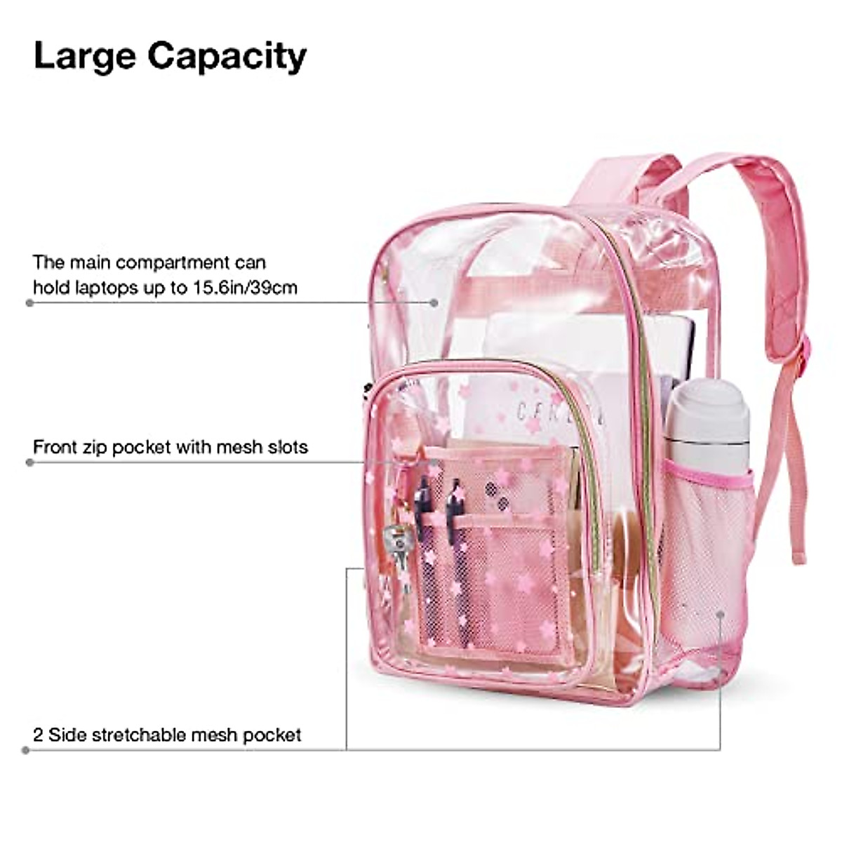 Feolaviy Clear Backpack Stadium Approved Backpack for Girls 3 Clear Stadium Backpack Set Heavy Duty Transparent Bookbag See Through PVC School Bag Transparent Backpack