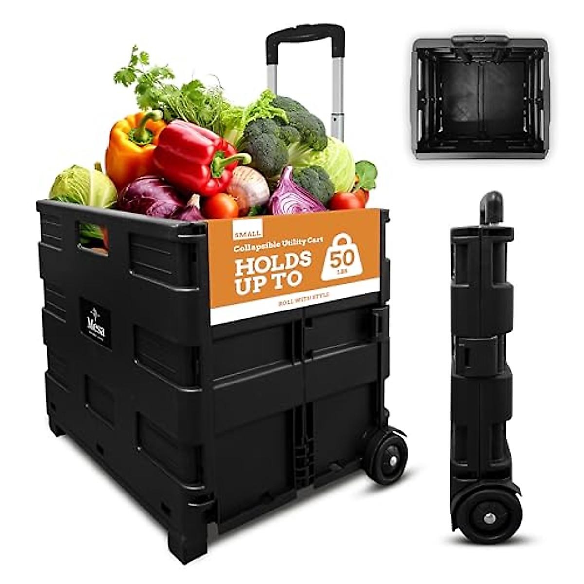 Inspired Living Ultra-Slim Rolling Collapsible Storage Pack-N-Roll Utility-carts, with Telescopic Handle, for Home, Garden, Shopping, Office, School use, Medium, Black