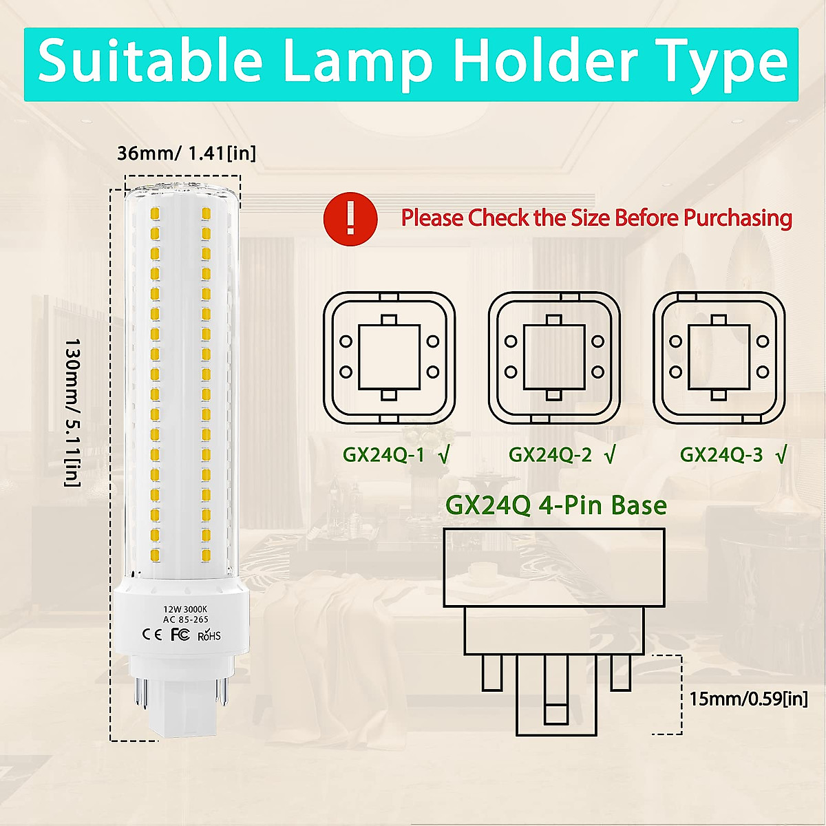 Lustaled Gx24q/G24q 4-Pin Base Light Bulbs, 12W Gx24 LED PL Recessed Lights, Daylight 6000K 26W CFL Replacement for Ceiling Light Downlight Wall Sconce, 4-Pack (Remove/Bypass The Ballast)
