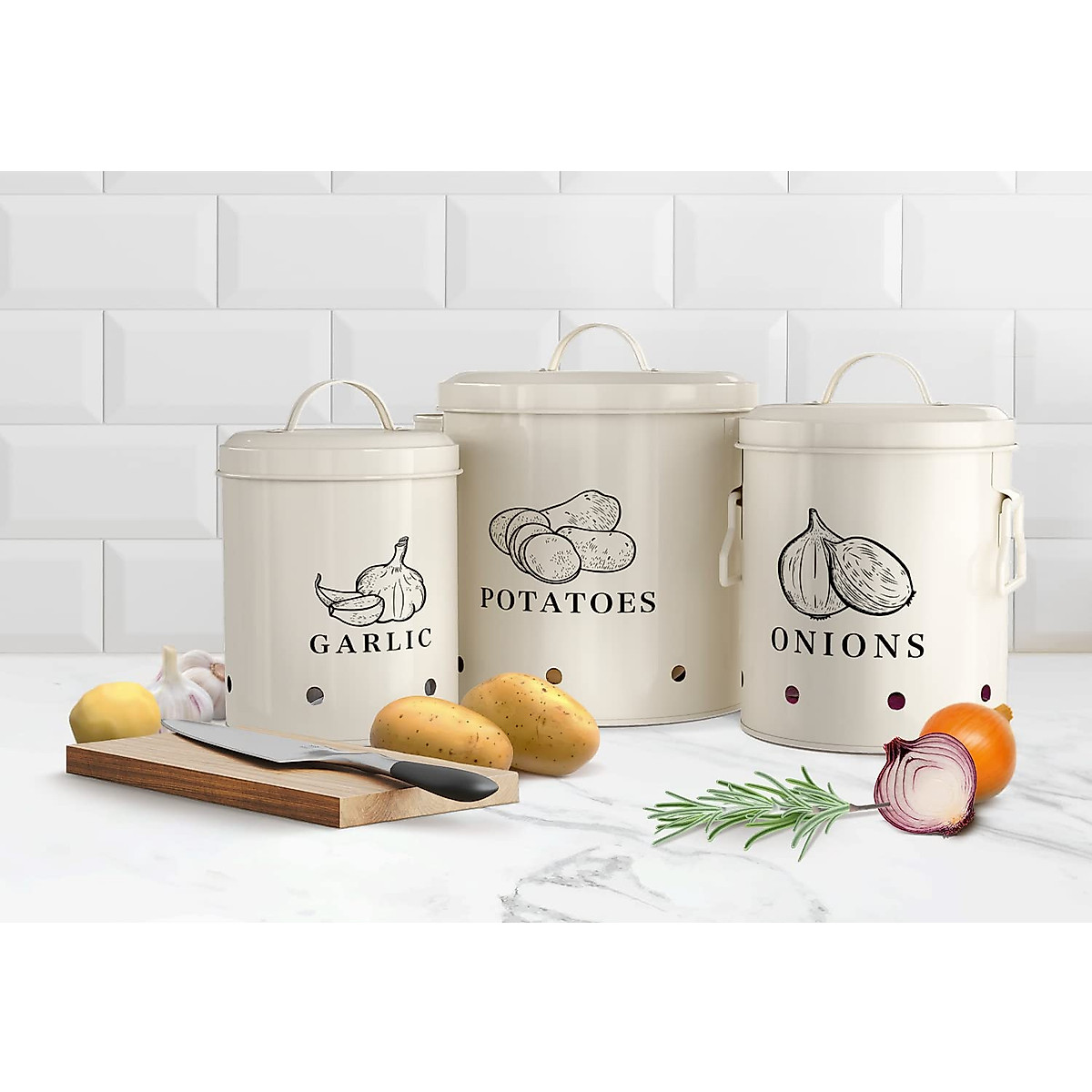 KooK Potato, Onion & Garlic Kitchen Storage Canisters, Rustic Farmhouse Containers with Aerating Holes, Vintage Vegetable Tins, Set of 3, 5 Liter, 2 Liter & 1 Liter (Coconut Cream)