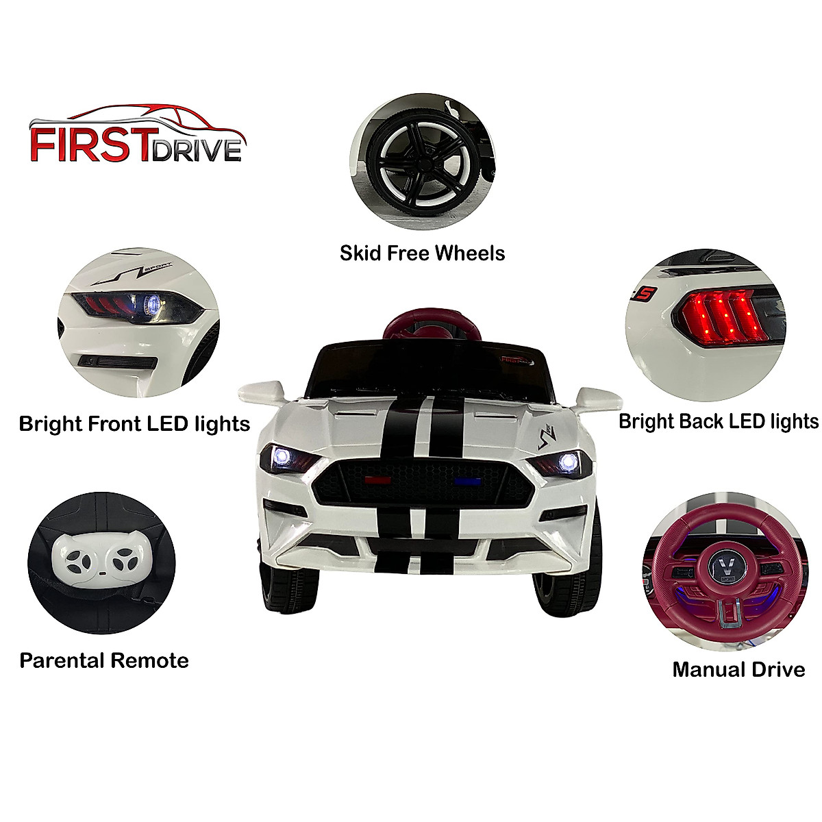 First Drive Mustang - Ride on Car - Electric Car for Kids - Kids Car with Parent Remote, MP3 Music Playback, AUX Port, Spring Suspension, LED Lights, Rear Wheel Drive, for Boys/Girls (White)