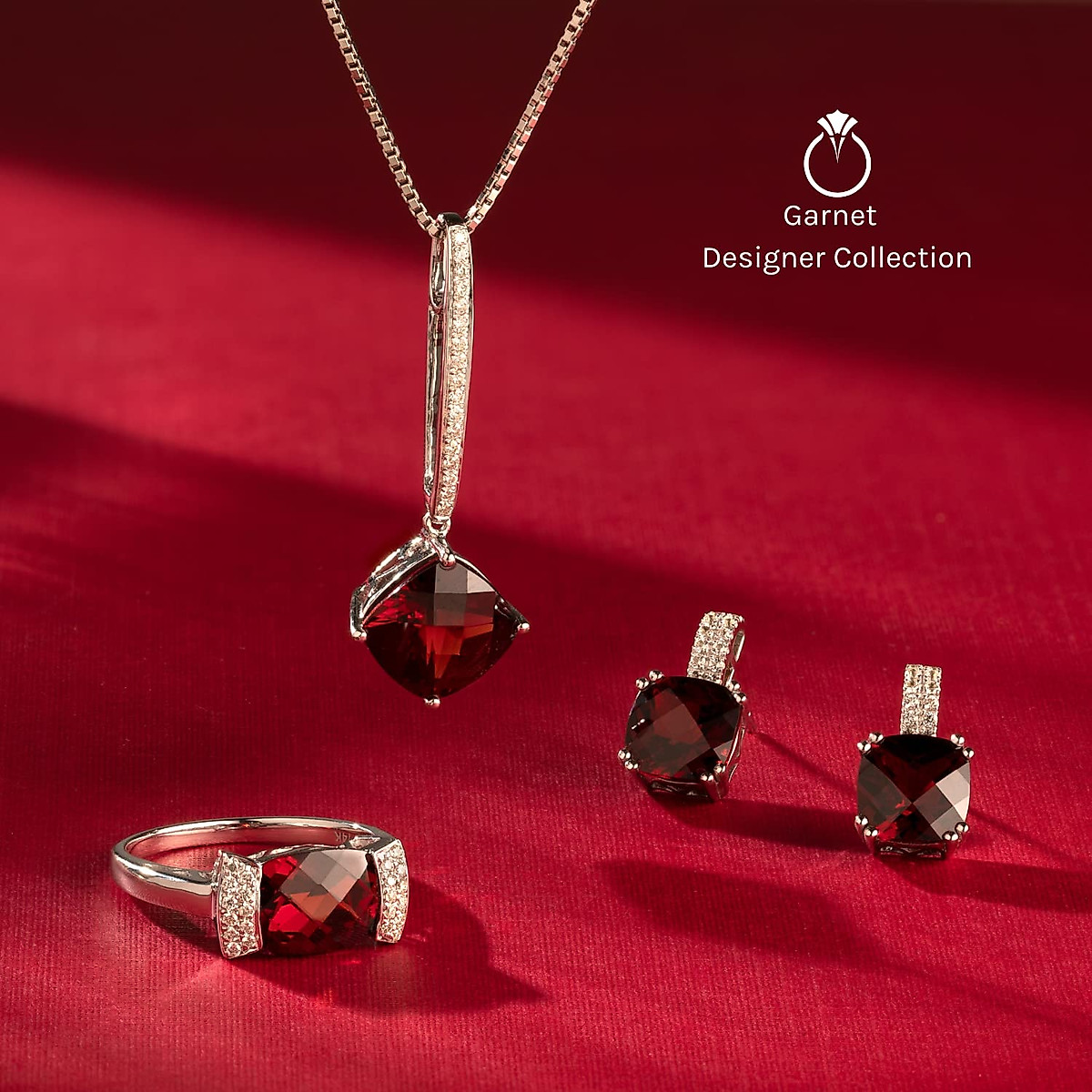 PEORA Garnet Ring for Women in 14K White Gold with White Topaz, Genuine Gemstone Birthstone, Designer 2.50 Carats Cushion Cut 8mm, Size 6