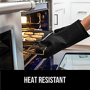 Gorilla Grip Heat and Slip Resistant Silicone Oven Mitts Set, Soft Cotton Lining, Waterproof, BPA-Free, Long Flexible Thick Gloves for Cooking, Kitchen Mitt Potholders, 12.5 in, Black