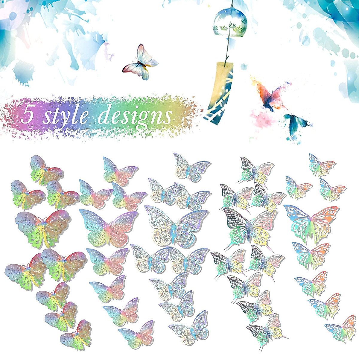 120 Pieces 5 Styles 3D Butterfly Birthday Party Decorations 3 Sizes Butterfly Wall Decals Sticker for Girls Baby Shower Weddings Themed Party (Holographic White)
