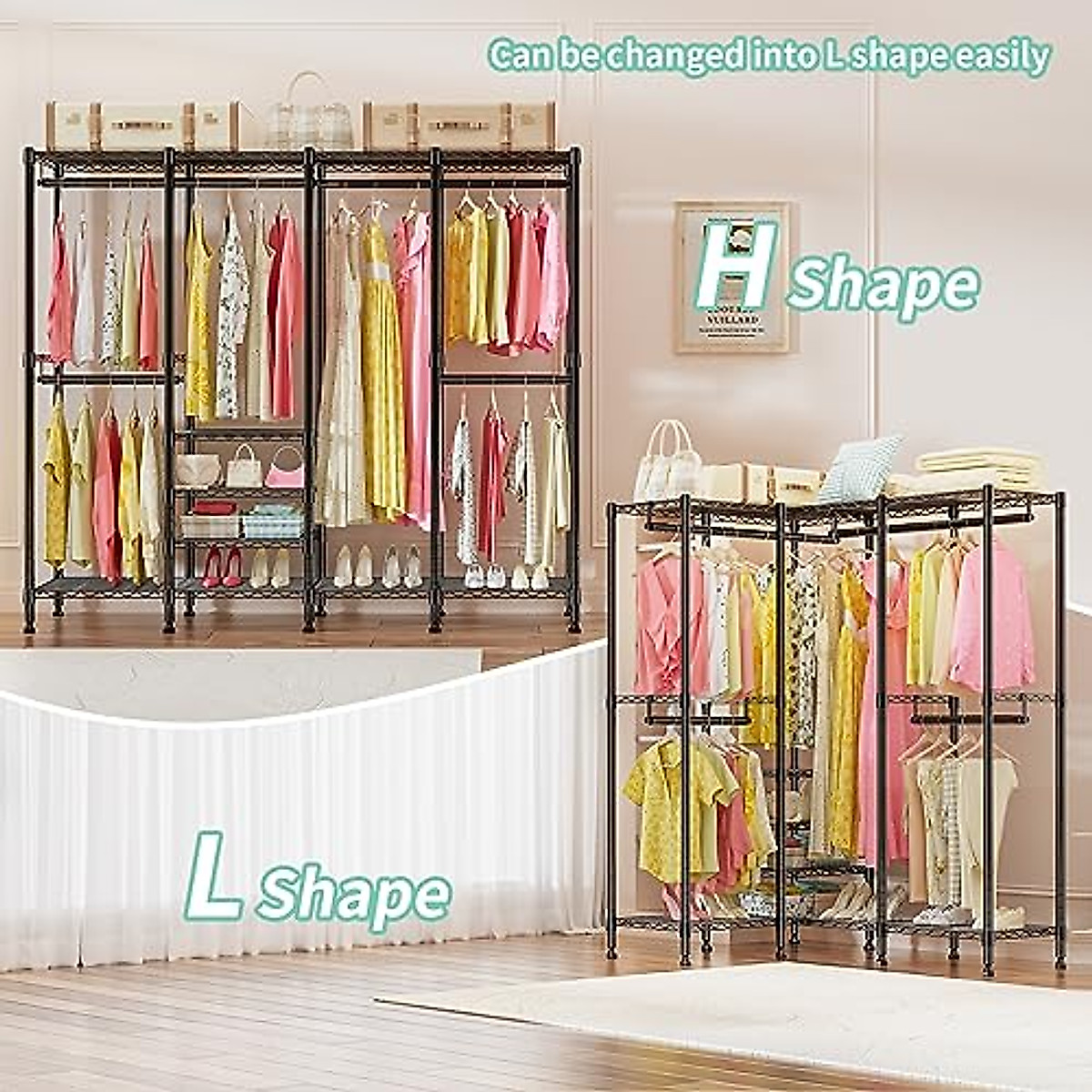 SEMHOR S5 Clothes Rack Heavy Duty Clothing Rack with 7 Shelves & 4 Hang Rods, Freestanding Metal Garment Racks for Hanging Clothes, Black Portable Wardrobe Closet 15.8"W X 76"L X 75.6"H, Load 920LBS