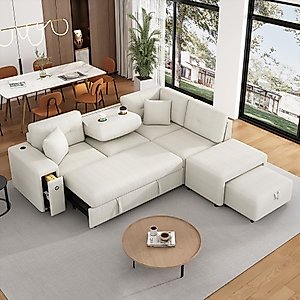 P PURLOVE Pull-Out Sofa Bed, Chenille L-Shaped Sectional Sofa Couch with a Movable Ottoman, 2 USB Ports and 2 Cup Holders for Living Room (Beige)