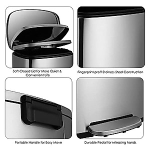 13.2 Gallon(50L) Trash Can, Fingerprint Proof Stainless Steel Kitchen Garbage Can with Removable Inner Bucket and Hinged Lids, Pedal Rubbish Bin for Home Office