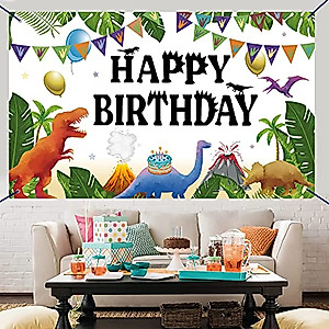Watercolor Dinosaur Happy Birthday Banner Backdrop, 73'' x 43'' Jungle Theme Dinosaur Birthday Party Decoration Supplies Photography Background for Boys