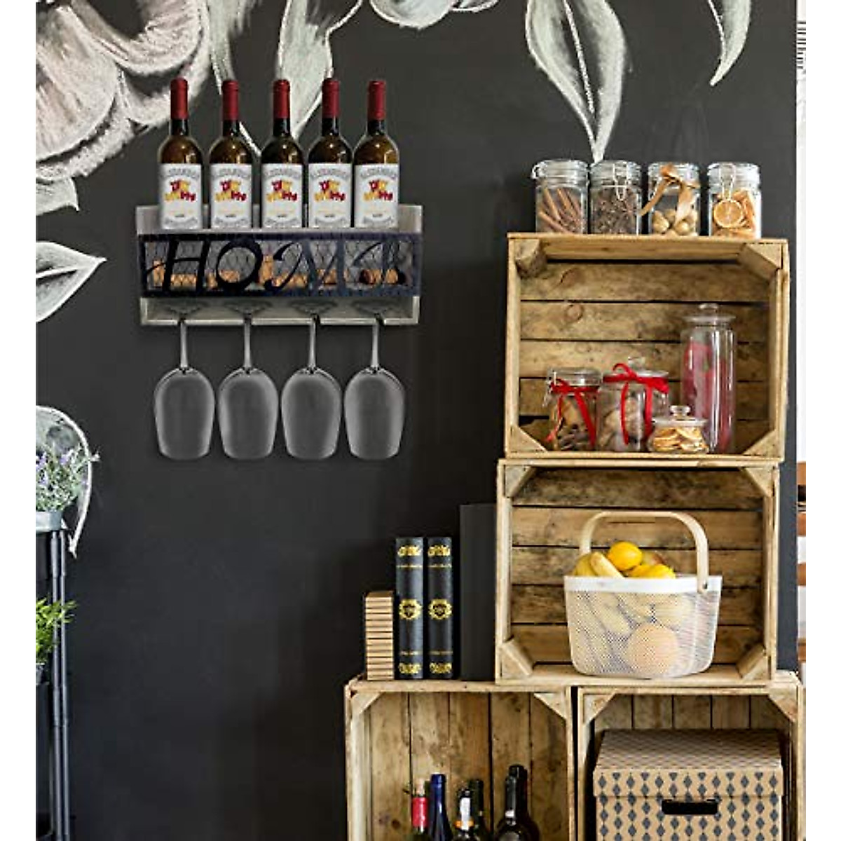 CoTa Global Modern Grey Wall Mounted Wine Rack - Wooden Wine Bottle Holder for 5 Bottles & 4 Wine Glasses with Cork Storage, Hanging Metal Home Sign & Organizer Wood Shelf for Wine Bar & Home Décor