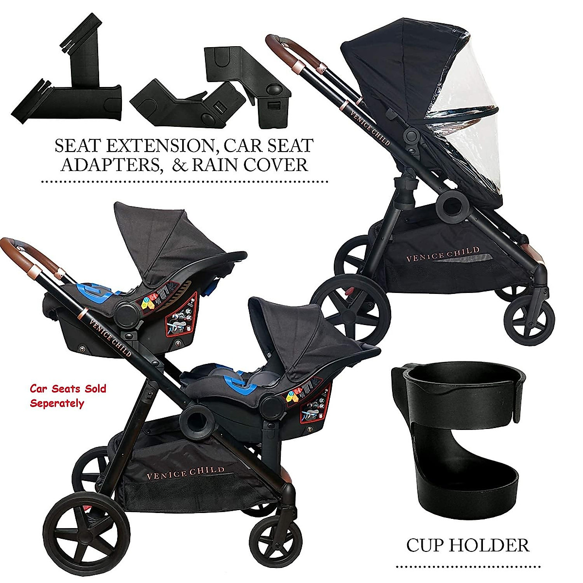 Venice Child Maverick Tandem Travel System Single to Double Stroller- Includes 2 Toddler Seats (Package 3, Eclipse Black)