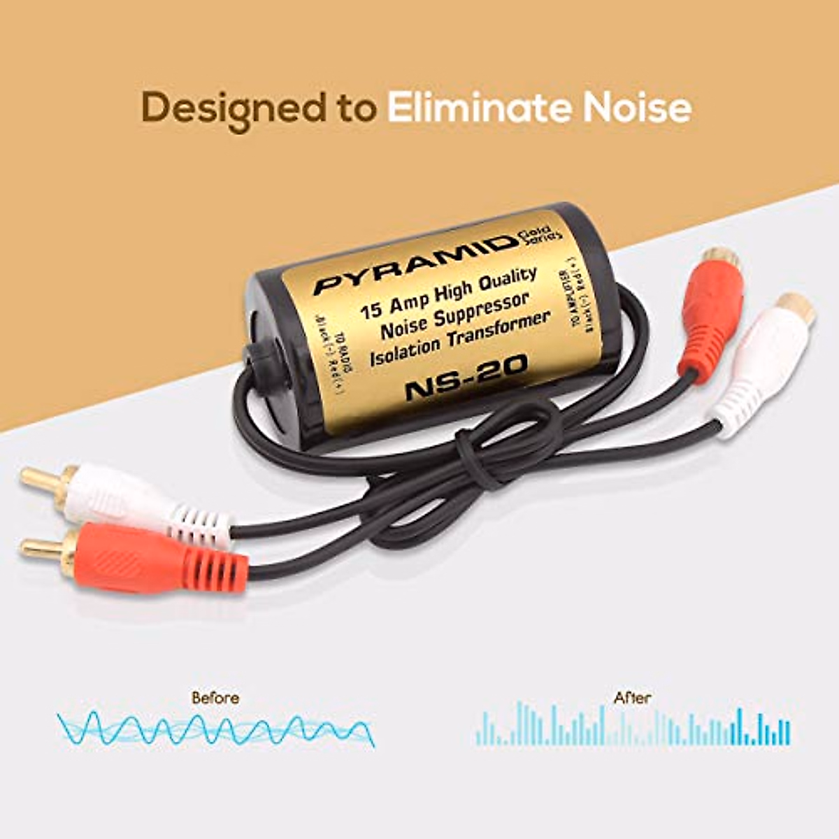 Pyramid 200W 15A RCA Noise Suppressor - Designed for Audio Signals & to Eliminate Noise, Isolation Transformer, Used w/ Amplifier or EQ, Install w/ RCA Jacks & Unique Noise Detection Circuit NS20