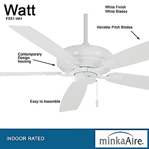 MINKA-AIRE F551-WH Watt 60 Inch Energy Star Rated Ceiling Fan with DC Motor and 4 Speed Pull Chain in White Finish