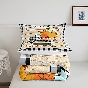 Homewish Pumpkin Grid Truck Bedding Set Queen Size,Rustic Farmhouse Comforter Set Kids Boys Girls Room Decor,Autumn Plants Themed Quilt Set Halloween Style Duvet Insert 3pcs with 2 Pillowcases