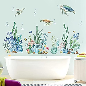 wondever Ocean Seaweed Grass Wall Stickers Turtle Under The Sea Peel and Stick Wall Art Decals for Baby Nursery Kids Bedroom Bathroom