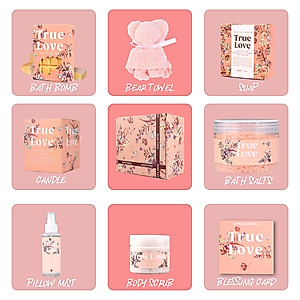 True Love Spa Gift Box for Women, Relaxing Birthday Gifts for Friends, Body Scrub, Bath Bomb, Scent Candle, etc. Best Pamper Gifts for Women, 7 Pcs Home Spa Set. Ideal for Mom & Sister.