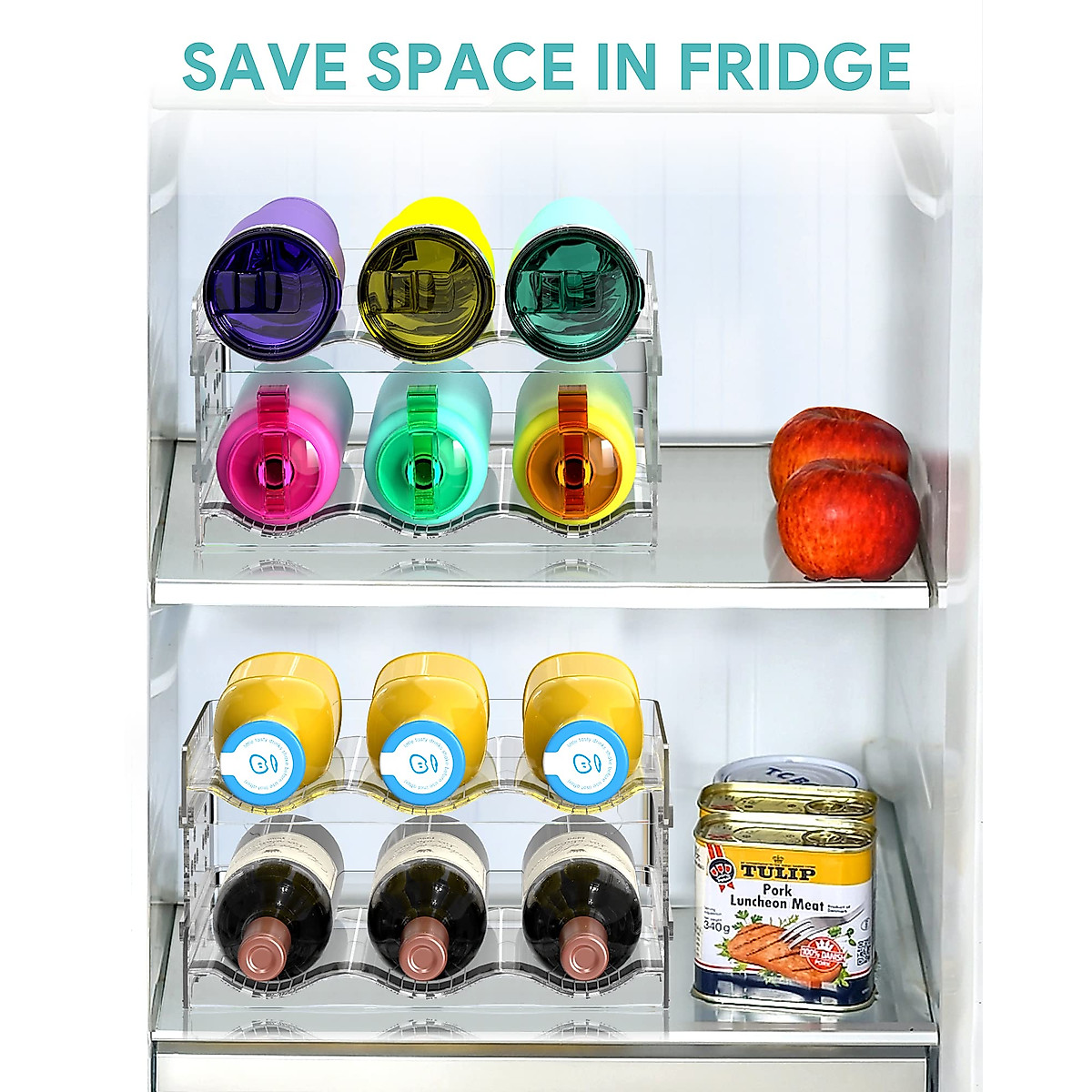 Areforic Water Bottle Organizer - 4 Pack Stackable Cup Organizer for Cabinet, Countertop, Pantry and Fridge, Free-Standing Tumbler Kitchen Storage Holder for Wine and Drink Bottles, Clear Plastic