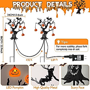 2 Pack Halloween Metal Pumpkin Yard Stakes Sign Lights, Halloween Yard Decorations with 6 Pumpkin Lights and 2 Iron Bats with 8 Modes, Halloween Pathway Lights for Lawn Garden Yard, Us Plug