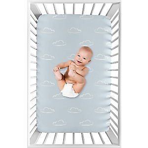 Sweet Jojo Designs Blue Clouds Boy Fitted Mini Crib Sheet Baby Nursery for Portable Crib or Pack and Play - Slate and White Cloud Sky for Vintage Airplane Aviator Aviation Collection