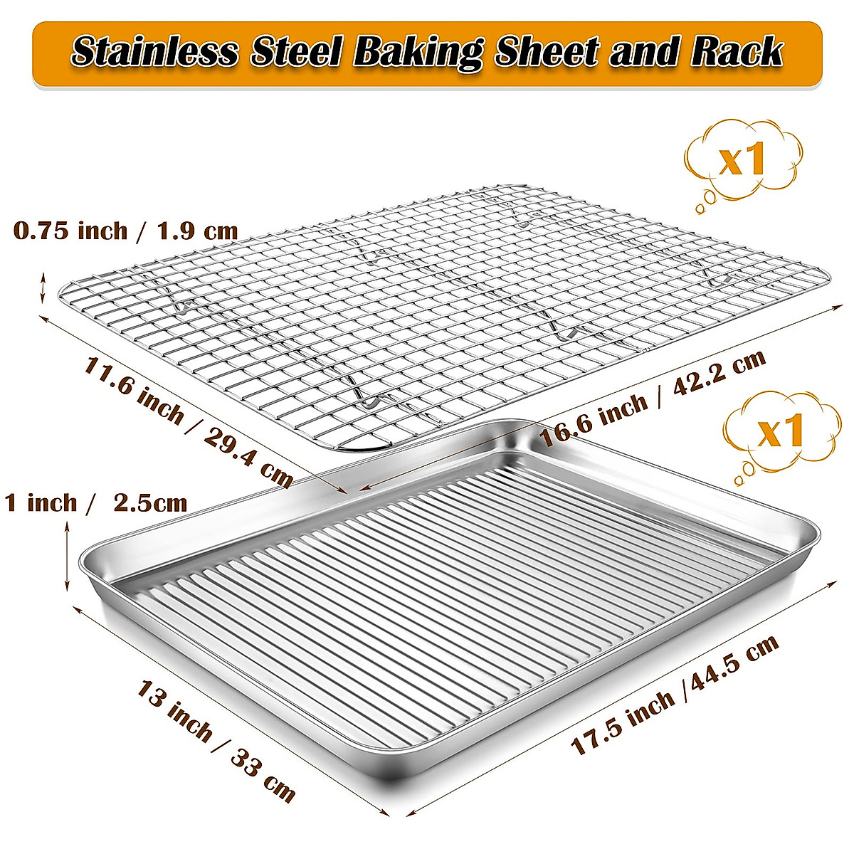 17.5 Inch Half Baking Cookie Sheet with Rack, P&P CHEF Stainless Steel Baking Pan Oven Tray and Cooling Rack for Cooking, Corrugated Bottom & Grid Rack, Healthy & Durable, 2Pcs (1 Pan +1 Rack)