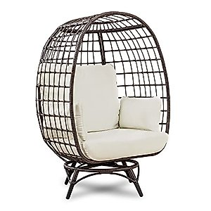 Sunjoy Cuddle Wicker Swivel Lounge, Oversized Indoor Outdoor Egg Chair with 4 Cushions for Patio, Backyard, Living Room, Brown