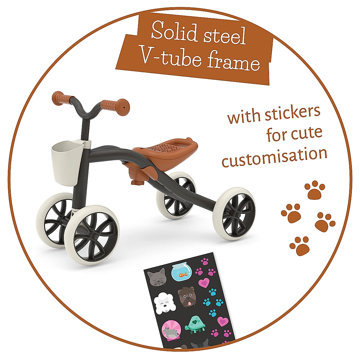 Chillafish Quadie Basket Stable 4-Wheel Grow-with-me Ride-on with Basket in The Front and Adjustable seat Height, for Kids 1-3 Year, Black