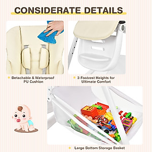 BABY JOY High Chair for Babies & Toddlers, Quick Folding Baby Highchair w/ 2 Lockable Wheels, Large Storage Basket, Removable Double Trays, Detachable PU, Adjustable Height,Backrest & Footrest (Gray)