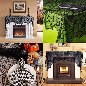 Sunnyglade Halloween 18"x96" Lace Spiderweb Fireplace Mantle Cover Fireplace Scarf & 54"x72" Rectangular Black Spider Web Lace Tablecloth, Festive Party Halloween Supplies