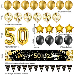 Large 9.8X1.6ft Happy 50th Birthday Decoration Banner, Black and Gold Happy Birthday Party Decoration Set Anniversary Celebration Backdrop 50th Birthday Foil Latex Balloons for Men and Women