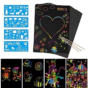Scratch Paper Art Set, 50pcs Rainbow Scratch Paper Black Scratch Off Paper Art Supplies Magic Kit for Kids Crafts Activity