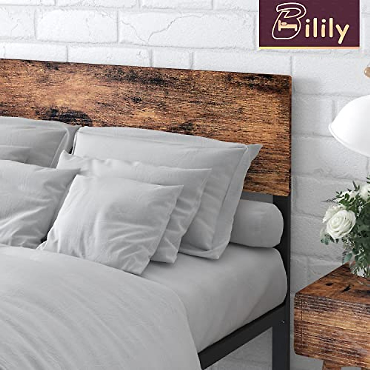 Bilily Queen Bed Frame with Wooden Headboard and Footboard, Metal Platform Bed Frame with Strong Steel Slat Support, Mattress Foundation/No Box Spring Needed/Non-Slip/Noise Free