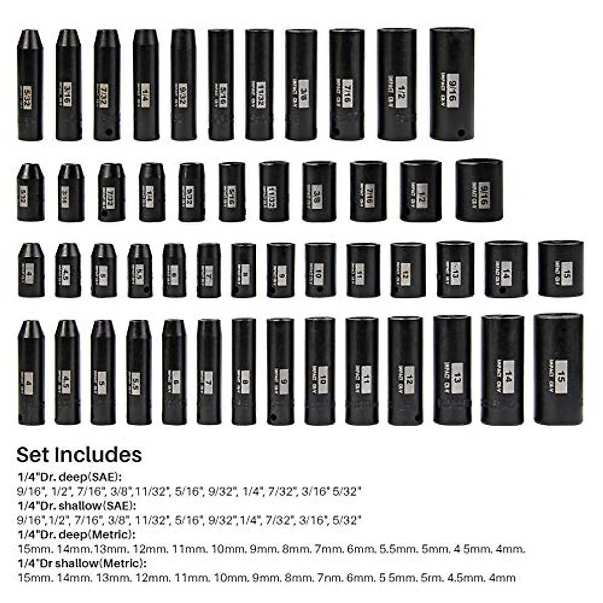 SEKETMAN 50-Piece 1/4" Inch Drive Deep And Shallow Impact Socket Set, SAE/Metric(5/32-Inch to 9/16-Inch and 4-15mm),CR-V-50BV30