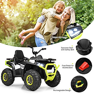 Costzon Kids ATV, 12V Battery Powered Electric Vehicle w/Safety Belt, LED Light, Music, Horn, 2 Speeds, USB/ MP3/TF, Treaded Tires, Ride on Car 4 Wheeler Quad for Boy & Girl Gift, Ride on ATV, Green