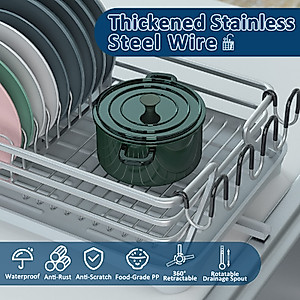 HIPPIH Dish Racks for Kitchen Counter, Dish Drying Rack with Drainboard Aluminum Compact Rustproof Dish Drainer with Adjustable Swivel Spout and Removable Utensil Racks