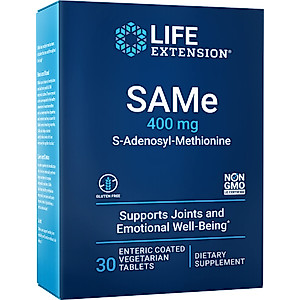 Life Extension Same 400 mg Enteric-Coated S-Adenosyl-Methionine Mood Support, Liver Health & Healthy Joint Function Support Supplement - Non-GMO, Gluten Free - 30 Enteric-Coated Vegetarian Tablets