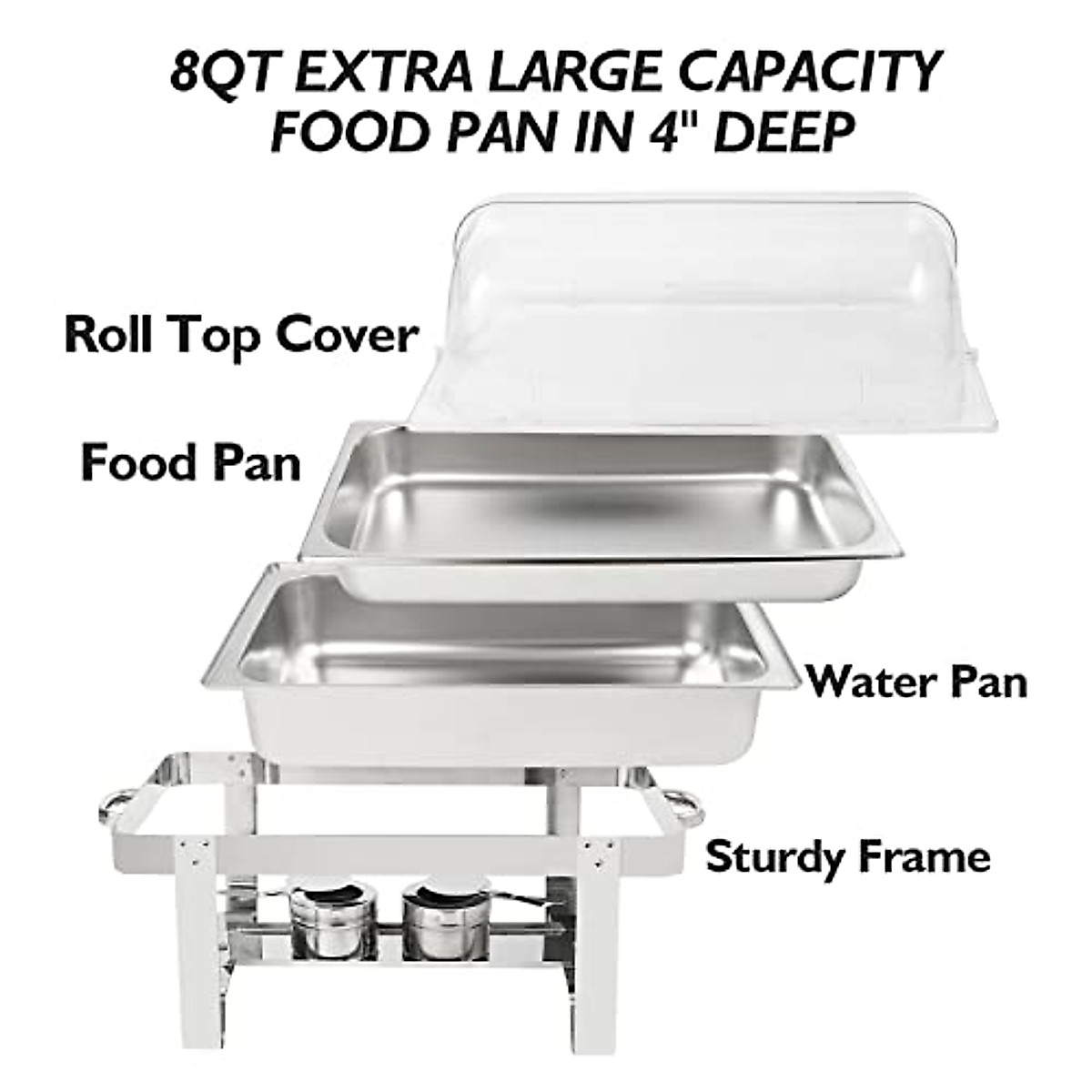 Restlrious Chafing Dish Buffet Set with Roll Top Plastic Cover, Stainless Steel 8 QT Rectangular Chafers and Buffet Warmers Set w/Half Size Food Pan, Water Pan, Fuel Can for Catering Event Party