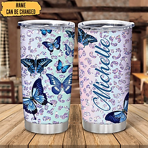 Hyturtle Personalized Gifts For Butterfly Lover - Butterflies Prints Custom Name Stainless Steel Tumbler 20oz With Lid - Idea Butterfly Lover Gifts For Women Girl Kids On Birthday, Christmas