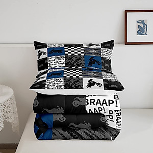 Castle Fairy,Dirt Bike Comforter Set Twin Size Black Grey Blue Motocross Rider Bedding Set Kids Boys Teens Men Racing Themed Patchwork Grid Quilt Set Fashion Motorcycle Silhouette Duvet Insert 2pcs